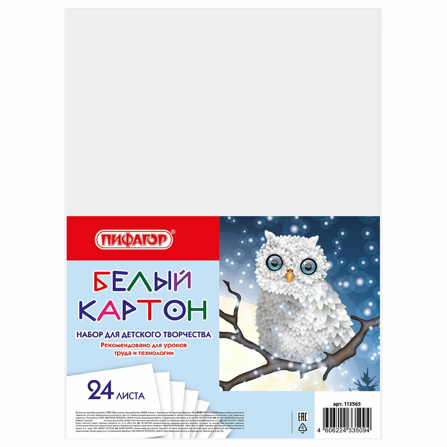 Картон белый А4 немелованный (матовый), 24 листа, пифагор, 200290 мм, "Совушка", 113565, 2шт.