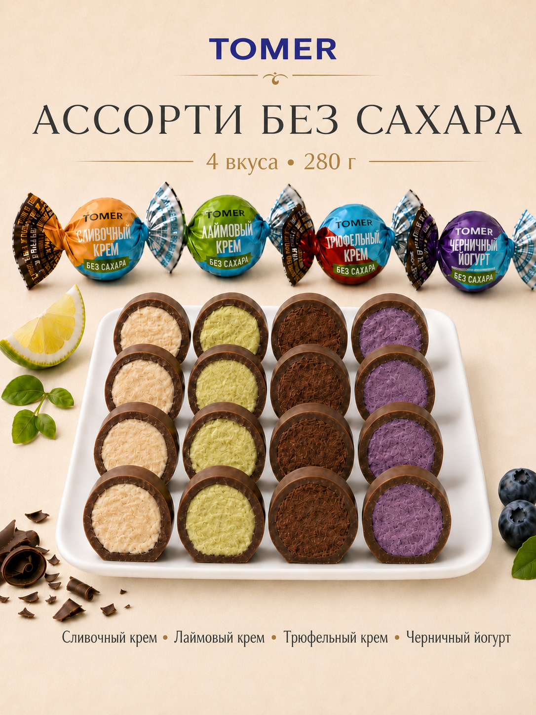 Конфеты ассорти без сахара 280 гр. шоколадные "Томер" с начинкой, 4 вкуса.
