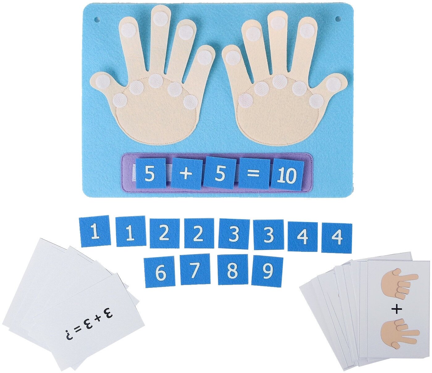 Детская развивающая игра "Две ладошки", фетровая игра для обучения счету, учимся считать, планшет + 19 элементов на липучках