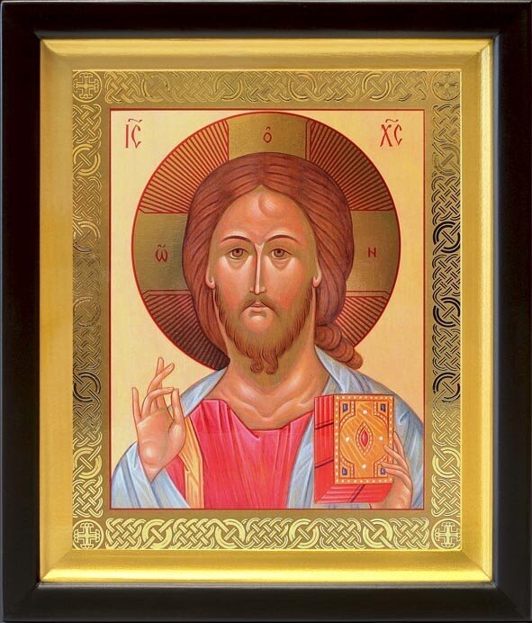 Спас Вседержитель (лик № 027), икона в темном деревянном киоте 19*22,5 см