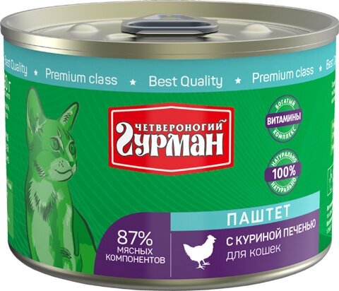 Четвероногий гурман паштет для взрослых кошек с куриной печенью (190 гр х 12 шт)