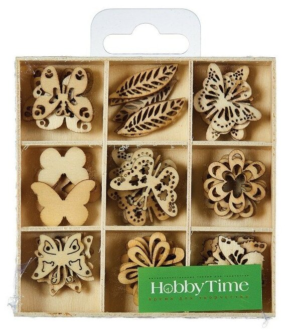Декор из дерева. Натуральный, Набор №26 "бабочки. цветы" В деревянном органайзере