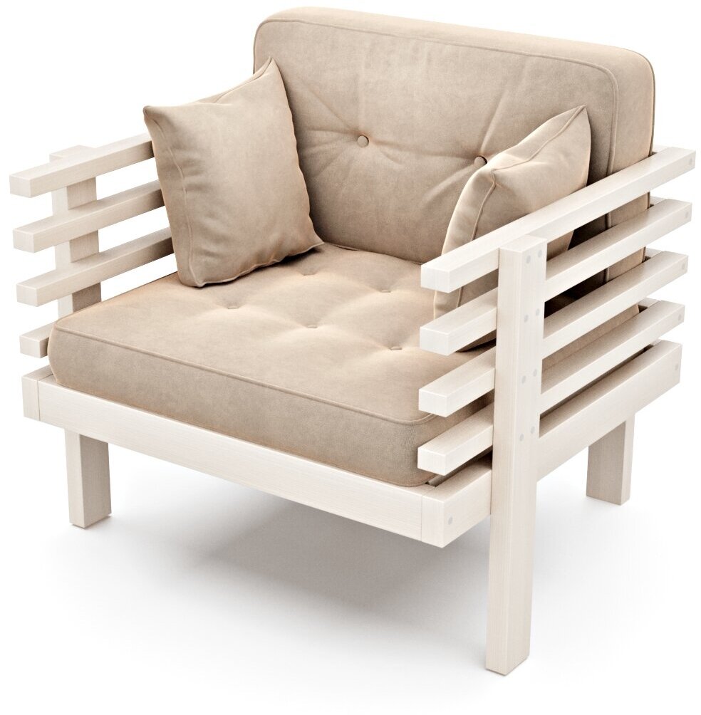 Кресло Arsko Стоун, бежевое-беленый дуб, велюр, деревянное, мягкое, для дачи, для кафе и бара, на веранду, в террасу, для бани