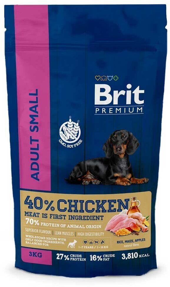 Сухой корм Brit для собак мелких пород от 1-10кг курица premium dog adult small 3кг 5049905