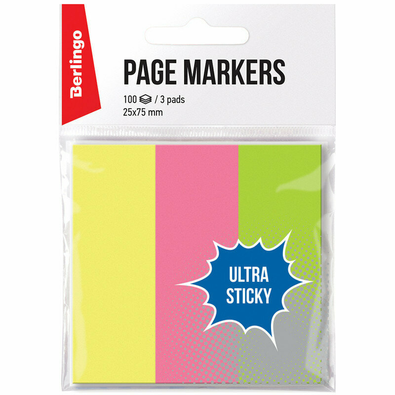Флажки-закладки Berlingo "Ultra Sticky", 25*75мм, 100л*3 неоновых цвета, европодвес, 287196