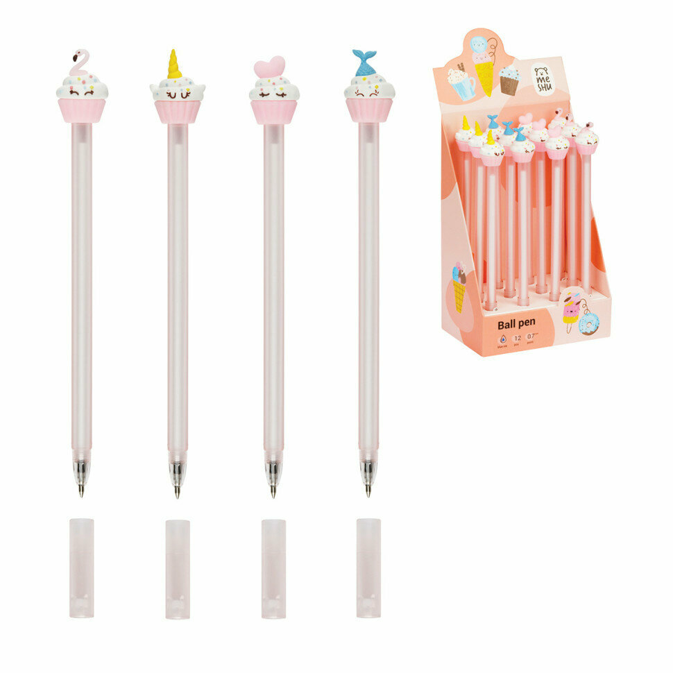 Ручка шариковая MESHU "Small Princess Cake", синяя, 0,7мм, корпус ассорти, с топпером, 12 штук, 340168