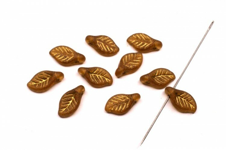 Бусина Листочек 12х6х3мм, цвет 10090/84100/54302 коричневый с золотом, прозрачная, 735-170, 10шт