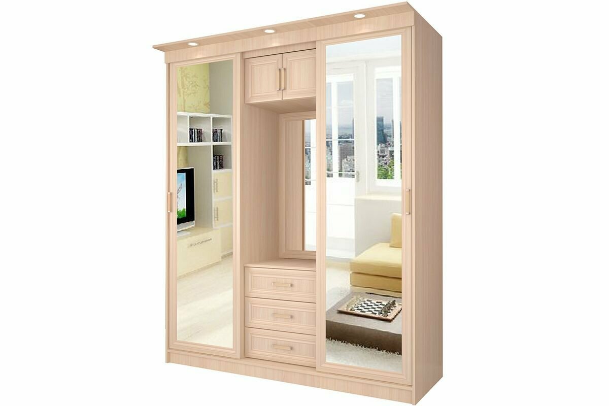 Шкаф-купе для одежды МногоМеб Миллениум Р-7х+2 180x55x220 подсветка, рамка резная, дуб млечный