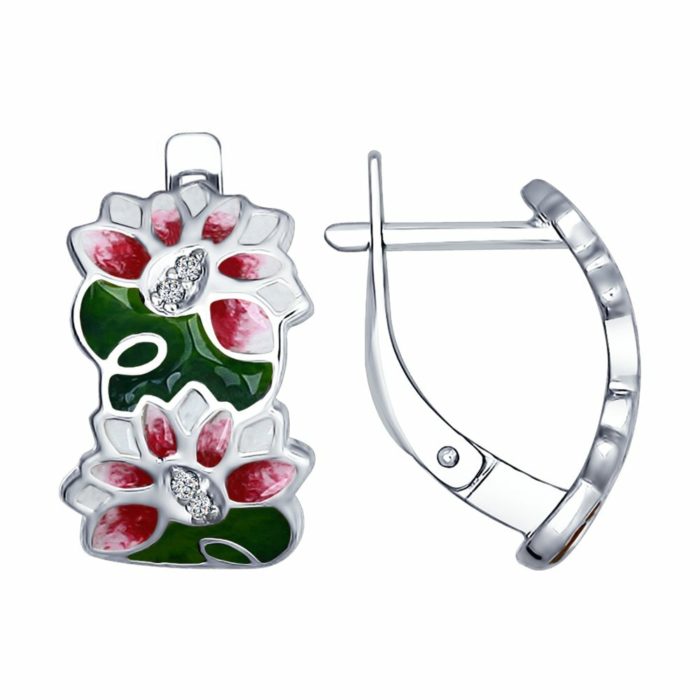 Серьги, серебро, 925 проба, родирование, эмаль, фианит