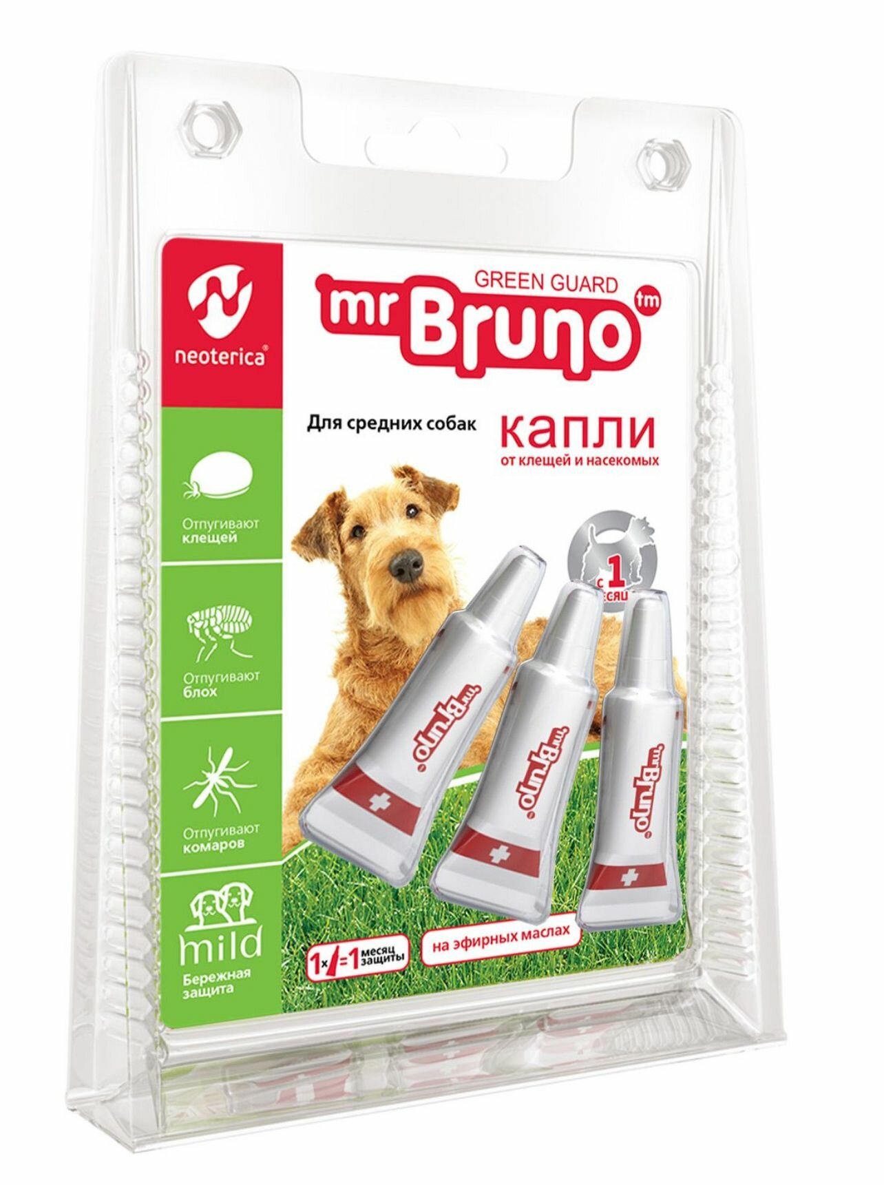 Mr. Bruno капли репеллентные для собак средних пород от 10 до 30 кг от блох и клещей на холку антипаразитарные, 3 пипетки Х 2,5 мл