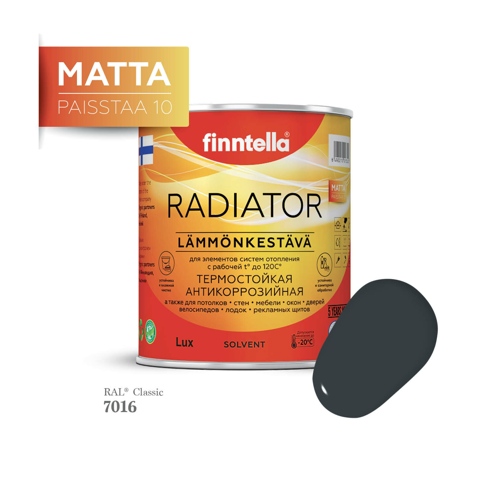 Краска для радиаторов быстросохнущая финская эмаль FINNTELLA RADIATOR Matta. Матовая. Цвет RAL7016 , 0,9л