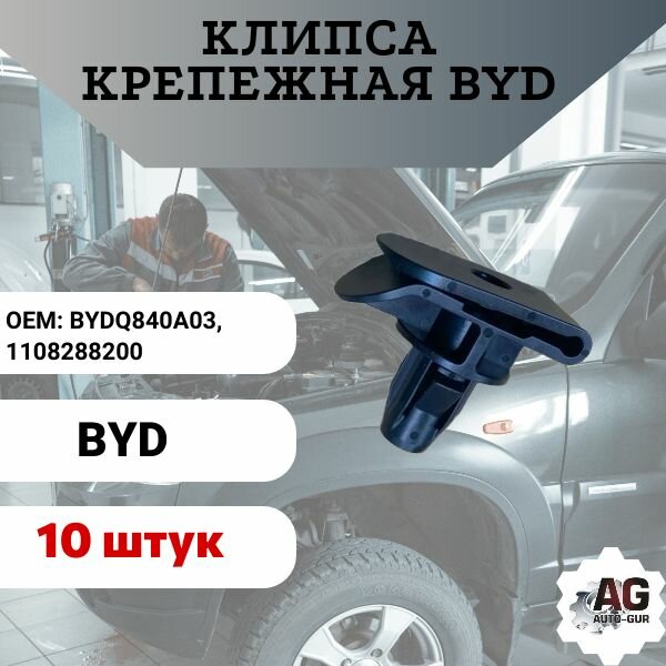 Клипса крепежная для молдинга, решетки, различной защиты BYD BYDQ840A03, 1108288200 10 штук