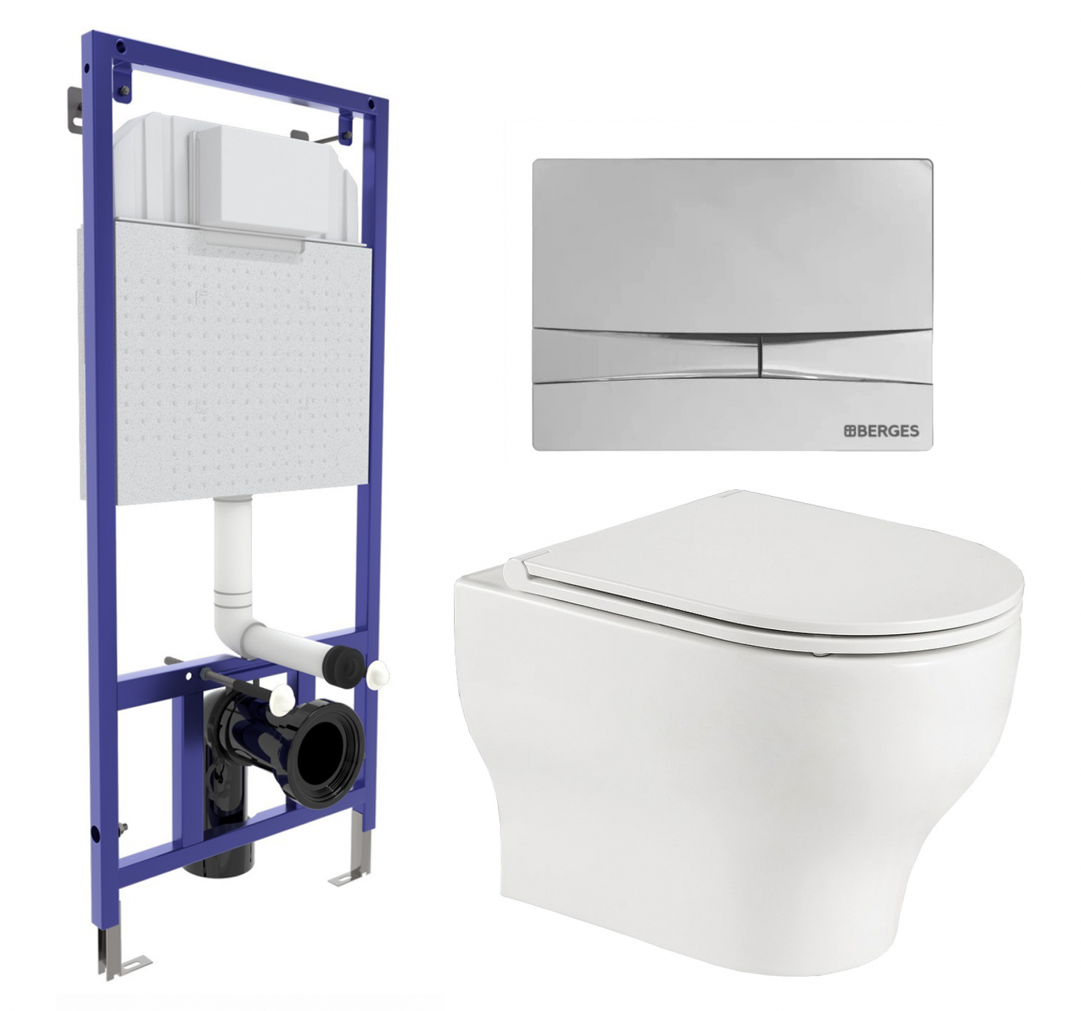Комплект 3 в 1 инсталляция Berges Wasserhaus Novum 040253 + Подвесной унитаз WeltWasser Erlenbach 004 GL-WT + кнопка хром
