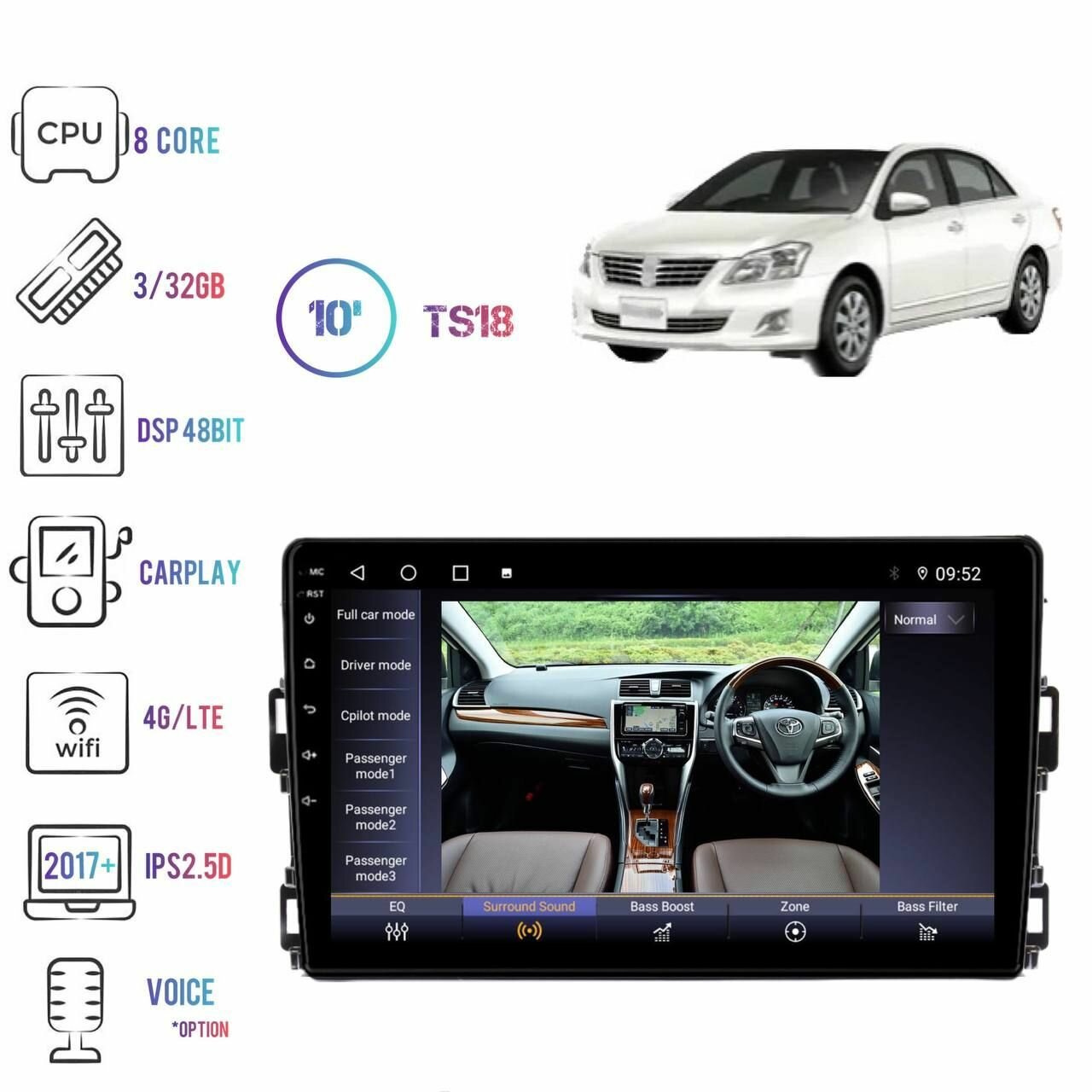Магнитола для Toyota Premio/Allion 2017+ MFA на Андроиде 11 Car Edition TS18 3+32Gb+8ядер+2ядра GU+DSP+CarPlay+4G SIM+IPS2.5D+голосовое управление