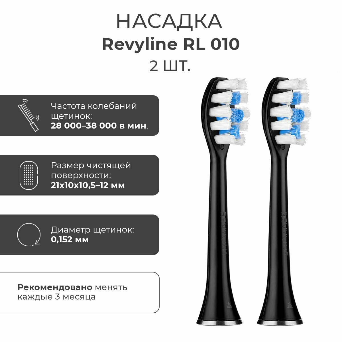 Сменные насадки для электрической зубной звуковой щетки Revyline RL 010 черные(2шт), Ревилайн