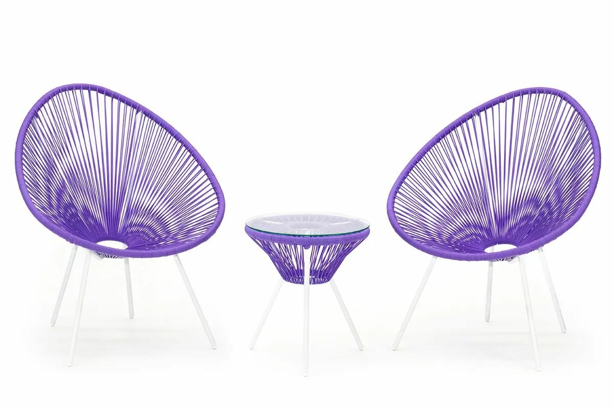 Комплект плетеной мебели KORNERA "Акапулько" на 2 персоны, каркас белый, искусственный ротанг лавандовый