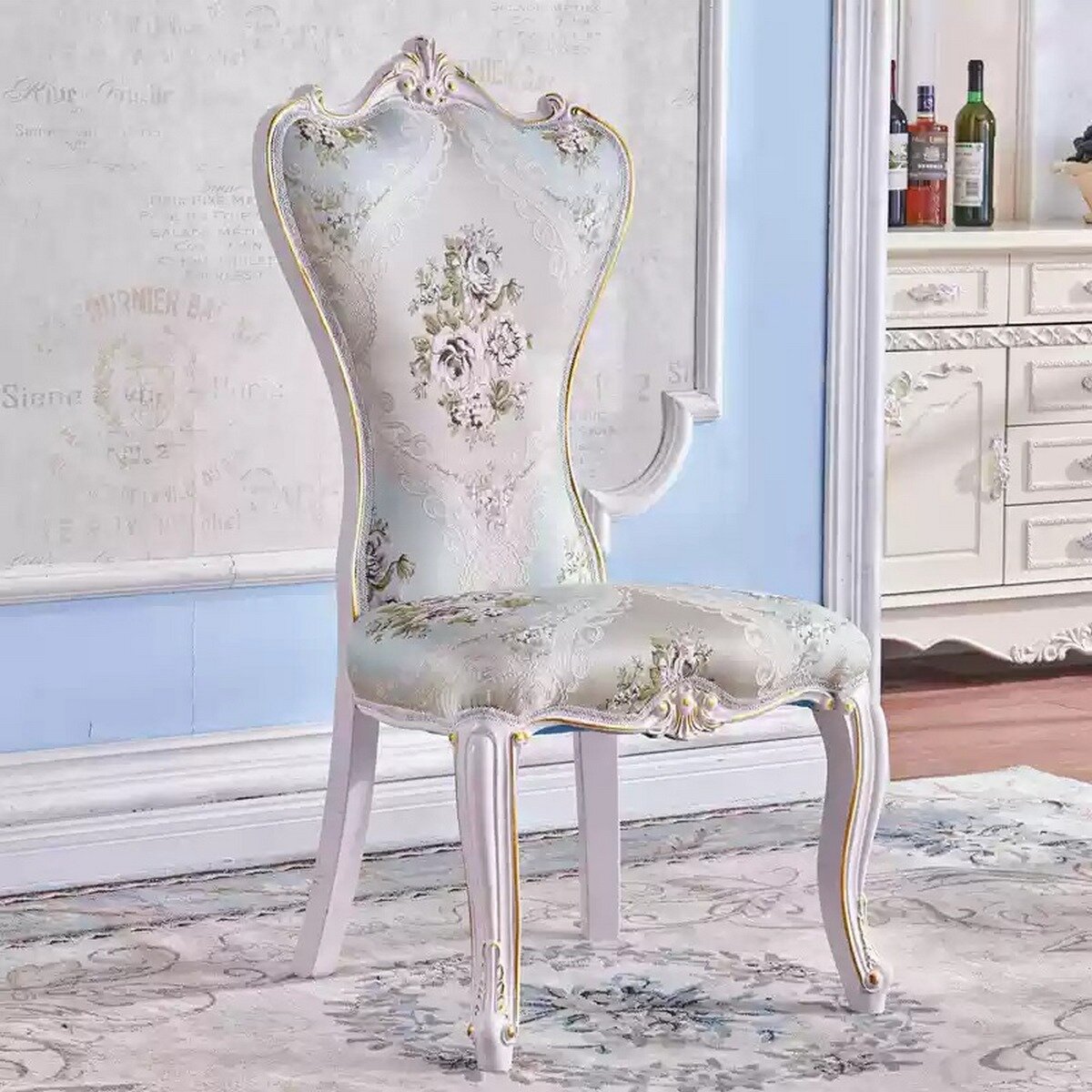 Обеденный стул из дерева в классическом стиле, обивка шенилл (светло голубой, цветы)