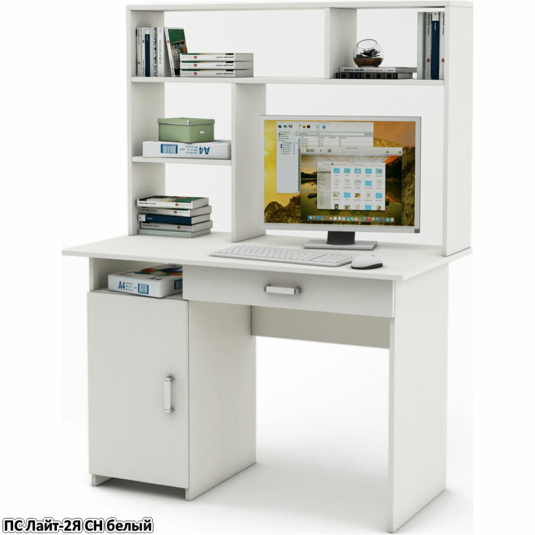 Письменный стол Лайт-2Я с надстройкой Белый, ЛДСП, МФ Владимир VMF, 110х149,2х60 см.