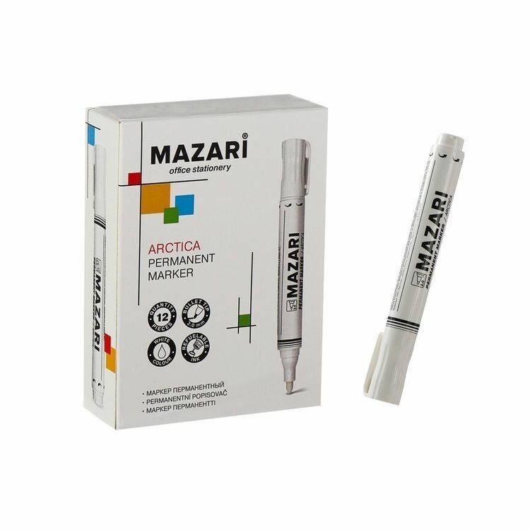 Маркер перманентный перезаправляемый пулевидный наконечник, ширина линии письма 2 мм, белый, 12 шт