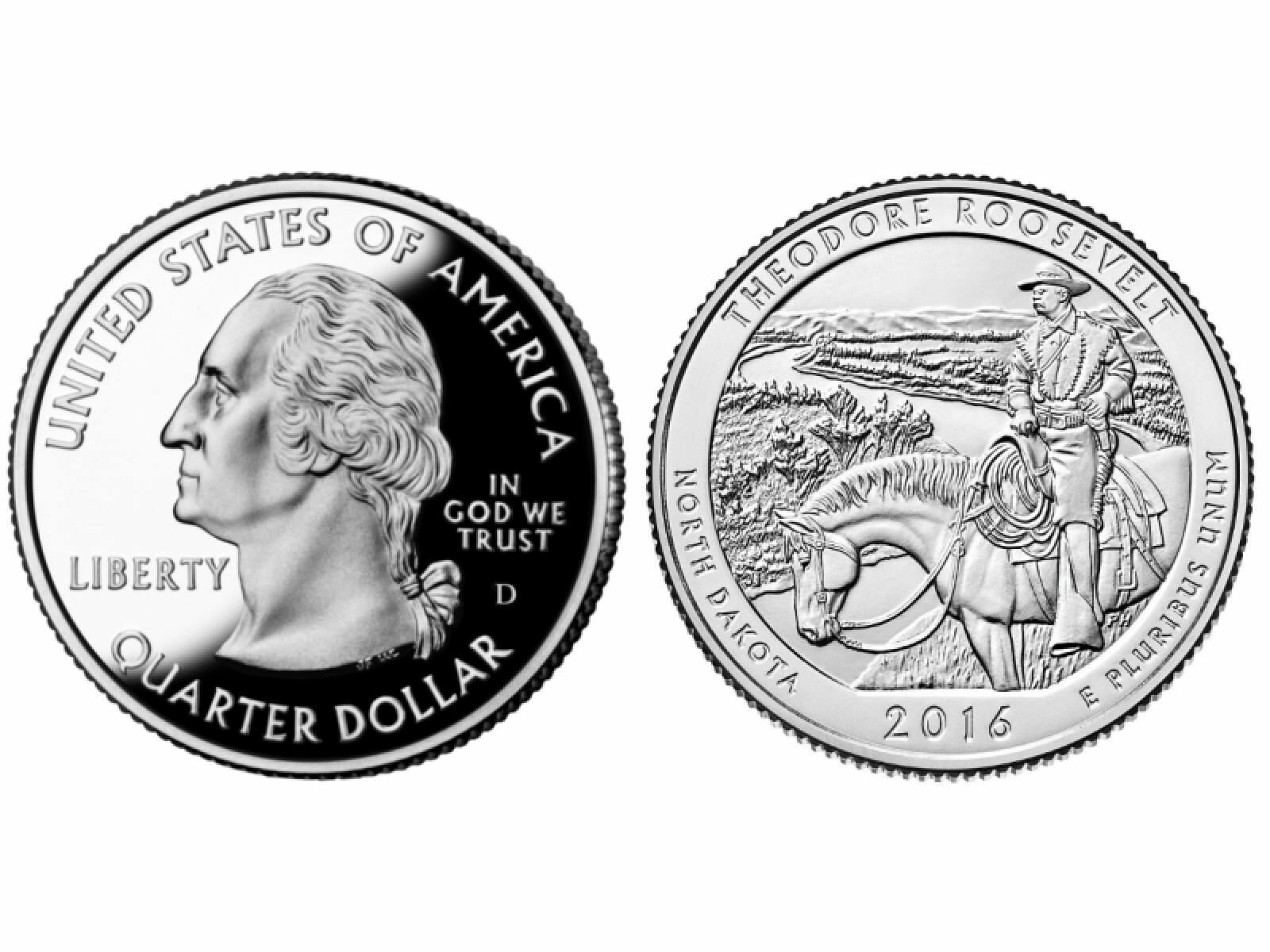 Монета квотер США 2016 г, (34-й) Национальный парк Теодор-Рузвельт (D)