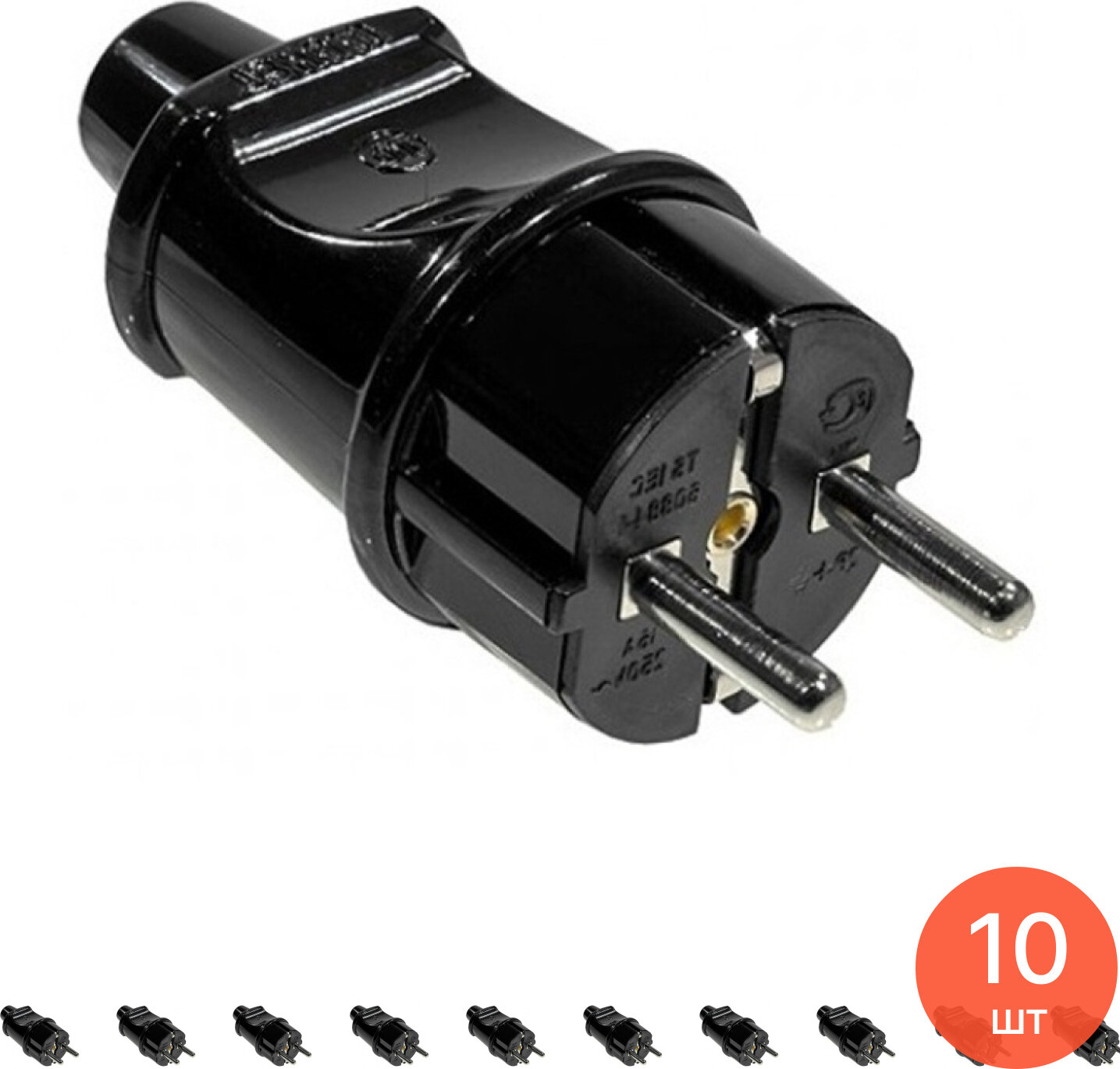 Вилка электрическая Makel / Макел сетевая с заземляющими контактами из АБС-пластика, черная, степень защиты IP20, 220В, 16А / электрика (комплект из 10 шт)