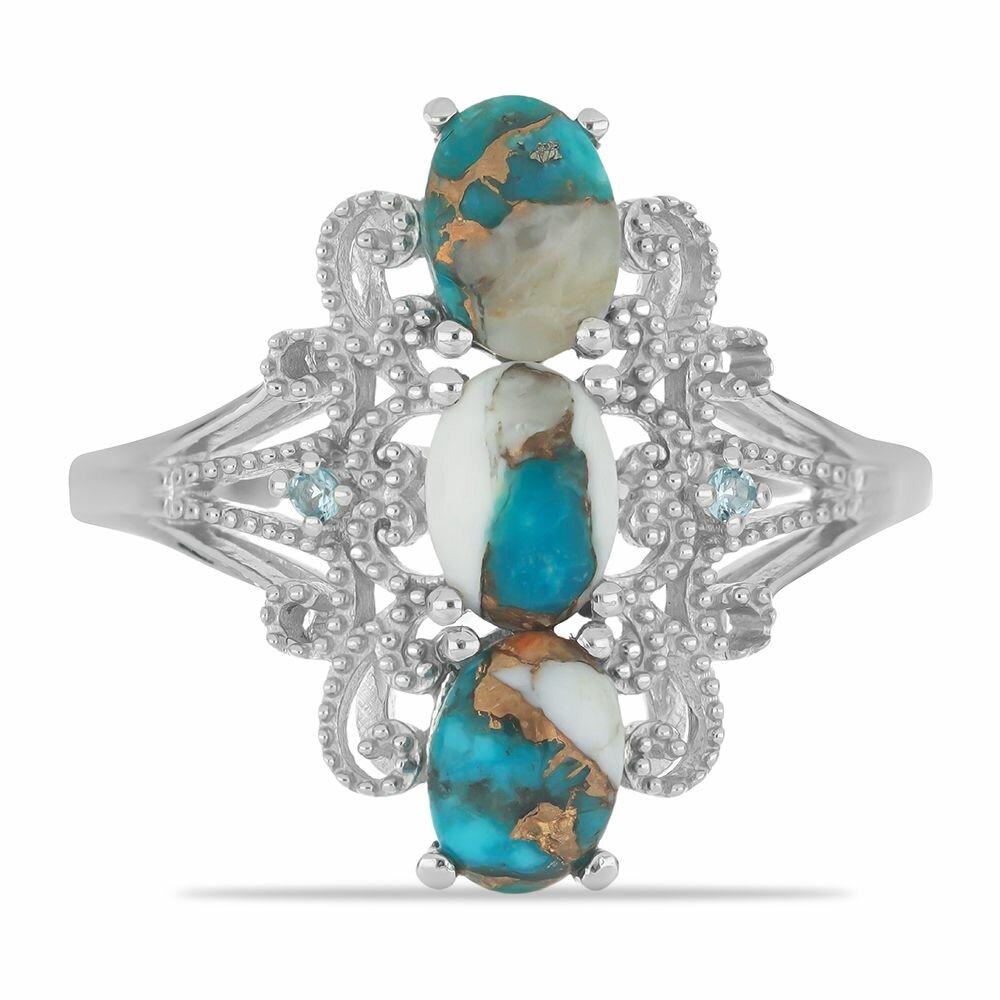 Кольцо, серебро, 925 проба, родирование, бирюза, топаз