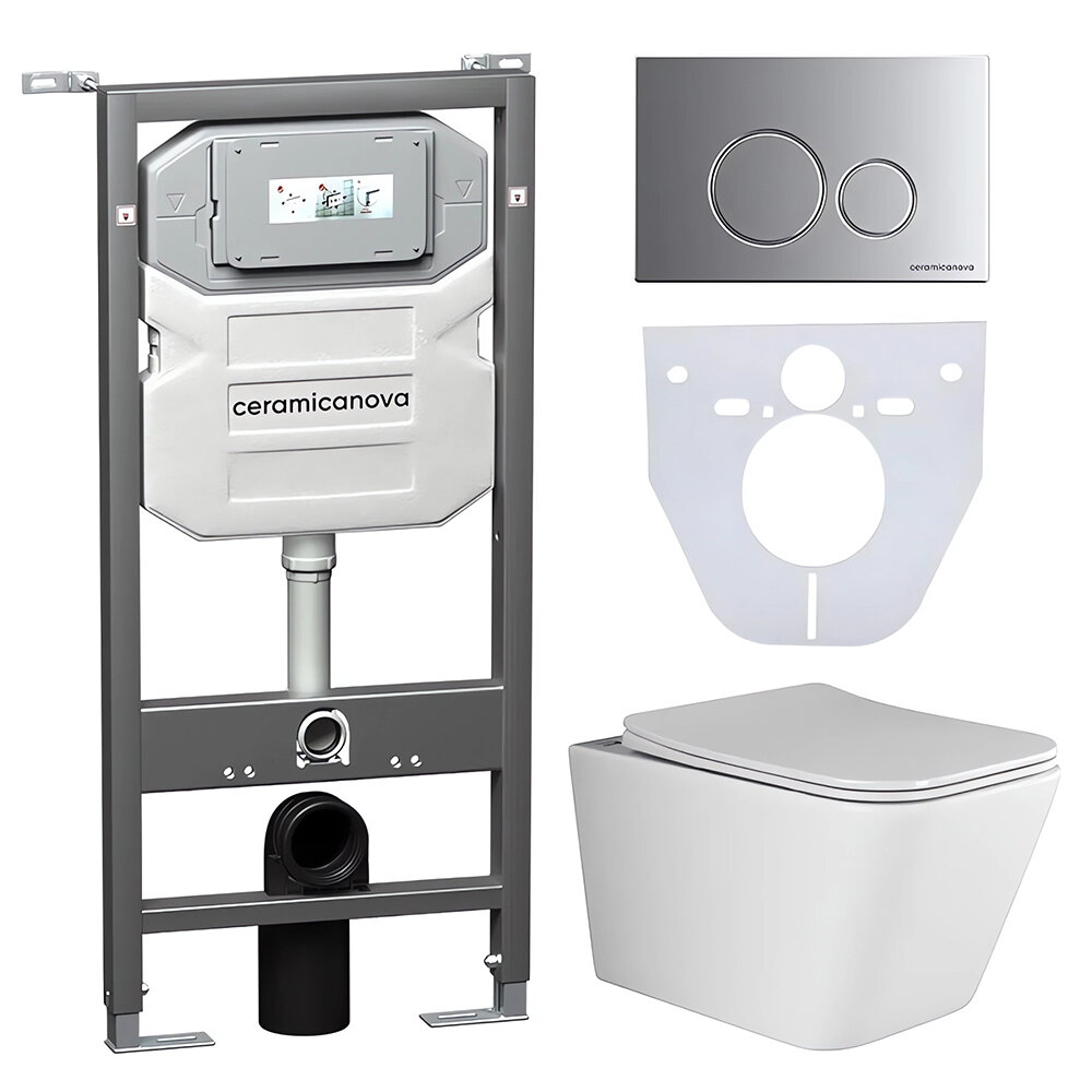 Комплект инсталляции 4 в 1 Ceramicanova (Керамиканова) Подвесной унитаз Metric Rimless арт. CN3007 + Шумоизоляционная панель для инсталляции арт. CN1000 + Система инсталляции для унитазов CERAMICANOVA Envision с кнопкой смыва Round цвет хром матовый и кре