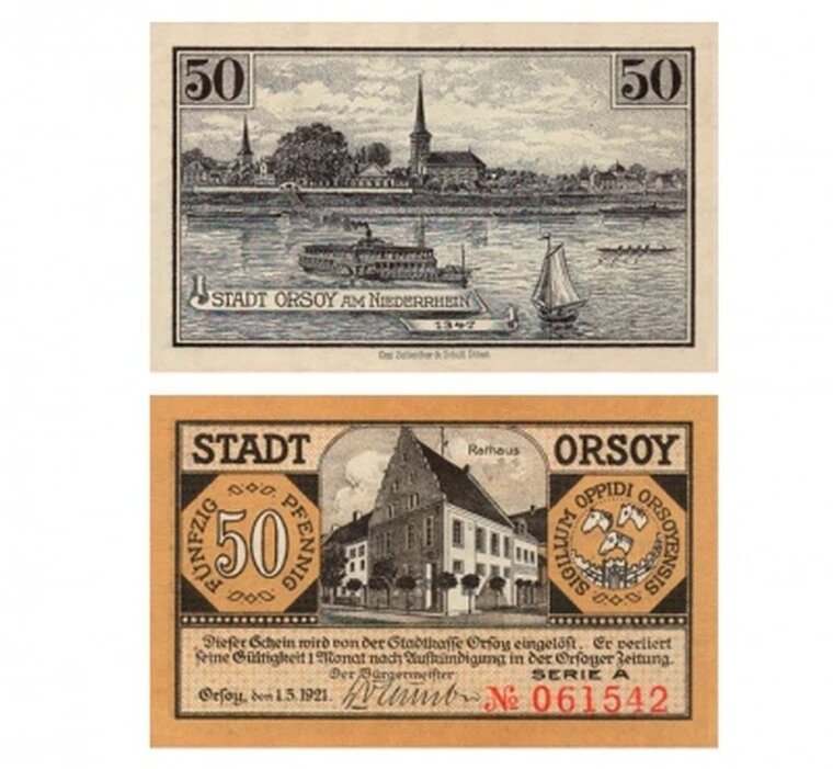 Нотгельд 50 пфеннигов 1921 Германия, Орсой, сувенирная копия, банкноты и купюры редкие коллекционные