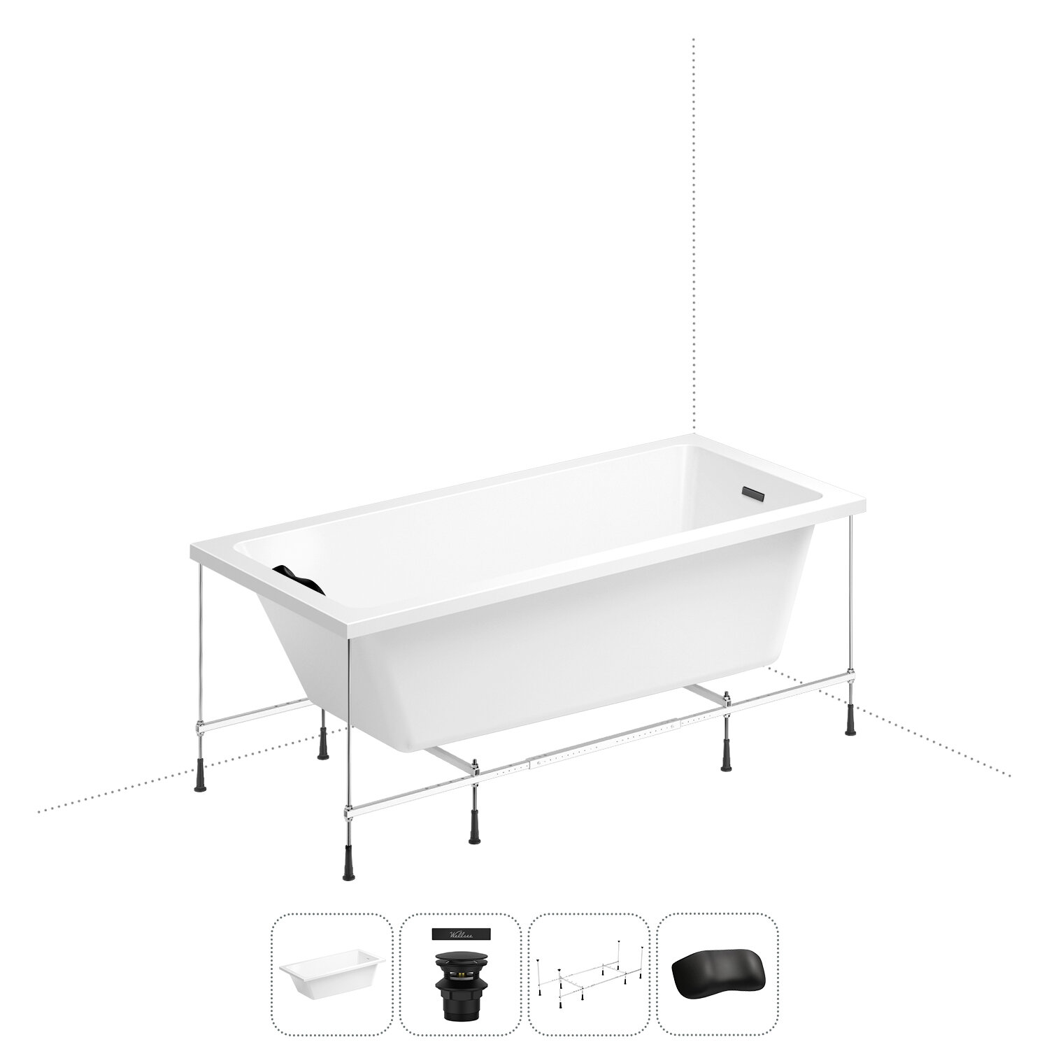 Акриловая ванна 150х80 с каркасом Wellsee FreeDom 2.0 20212787R в наборе 4 в 1: ванна акриловая 150 х 80 см в цвете белый глянец, слив-перелив матовый черный, каркас, подголовник