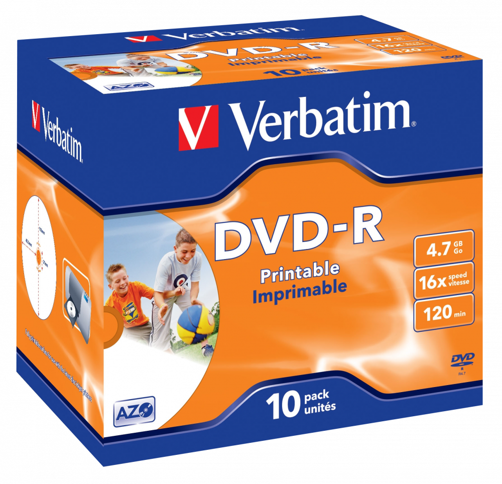 Оптический диск Verbatim DVD-R 4.7GB 16X AZO Wide Inkjet Printable ID Brand, Slim Case, 10 шт
