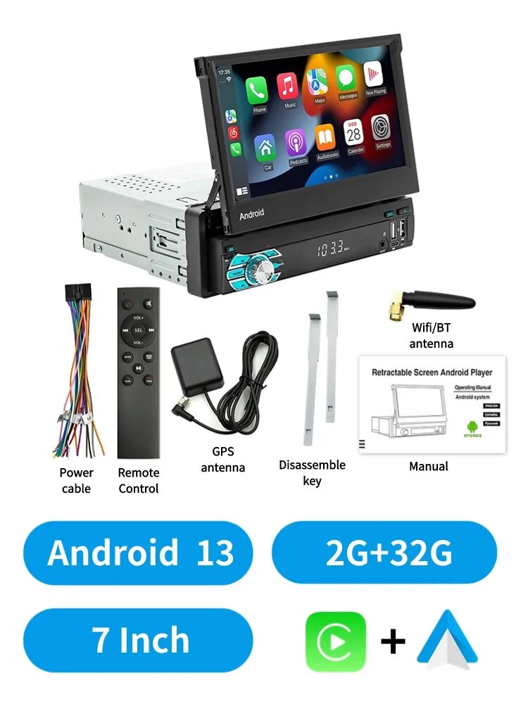 Автомобильный мультимедийный плеер ACODO, магнитола на Android 13, с выдвижным 7 "экраном, GPS, Типоразмер 1 Din Auto Retractable