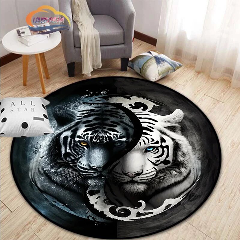 Круглый ковёр 3D печать дракон тигр, 150x150cm, Черный