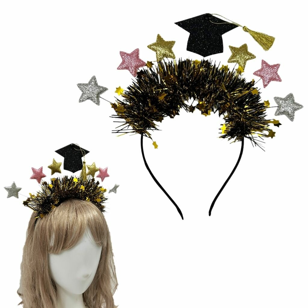 (1 шт.) Повязка на голову для выпускного вечера, шляпа доктора, золотая и серебряная пудра, повязка в виде пятиконечной звезды-черное золото со звездной гирляндой