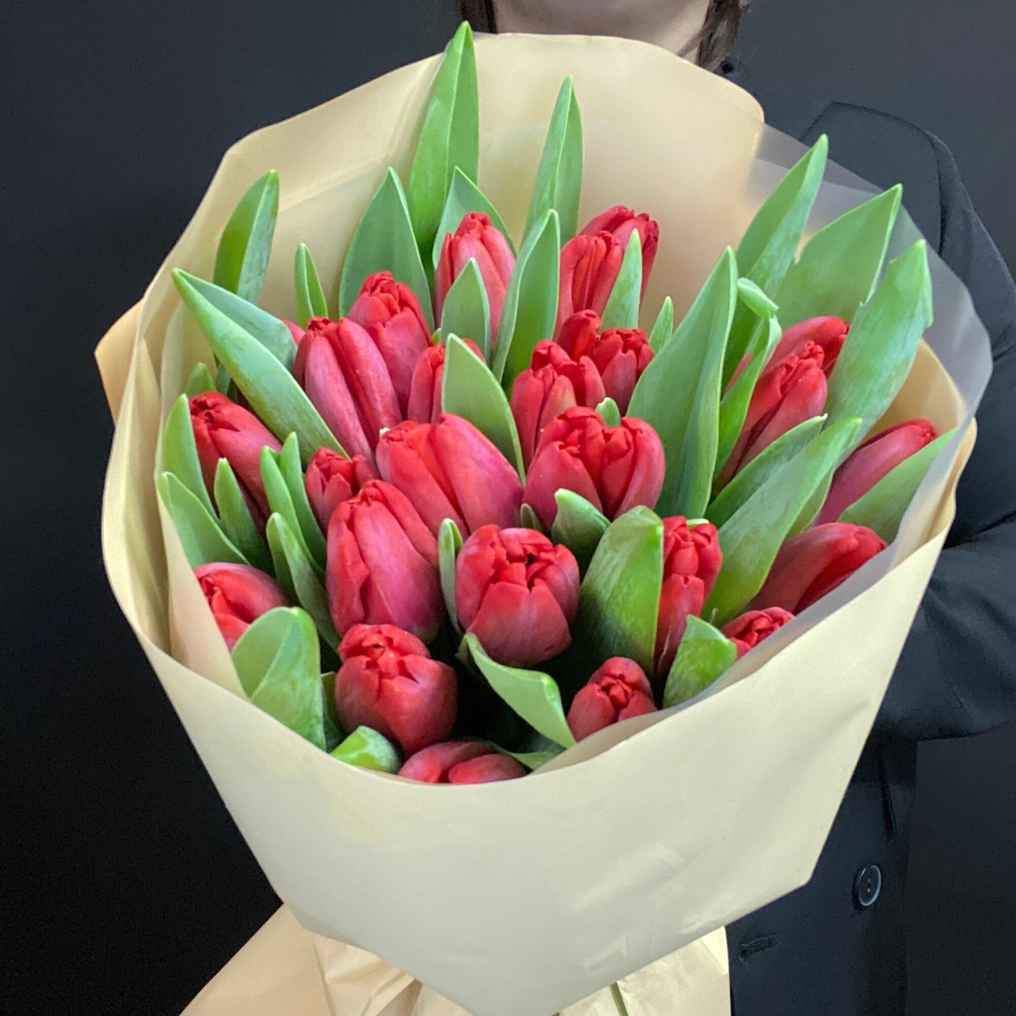 Алые тюльпаны (25 тюльпанов), высота букета 40 см, ширина 20 см