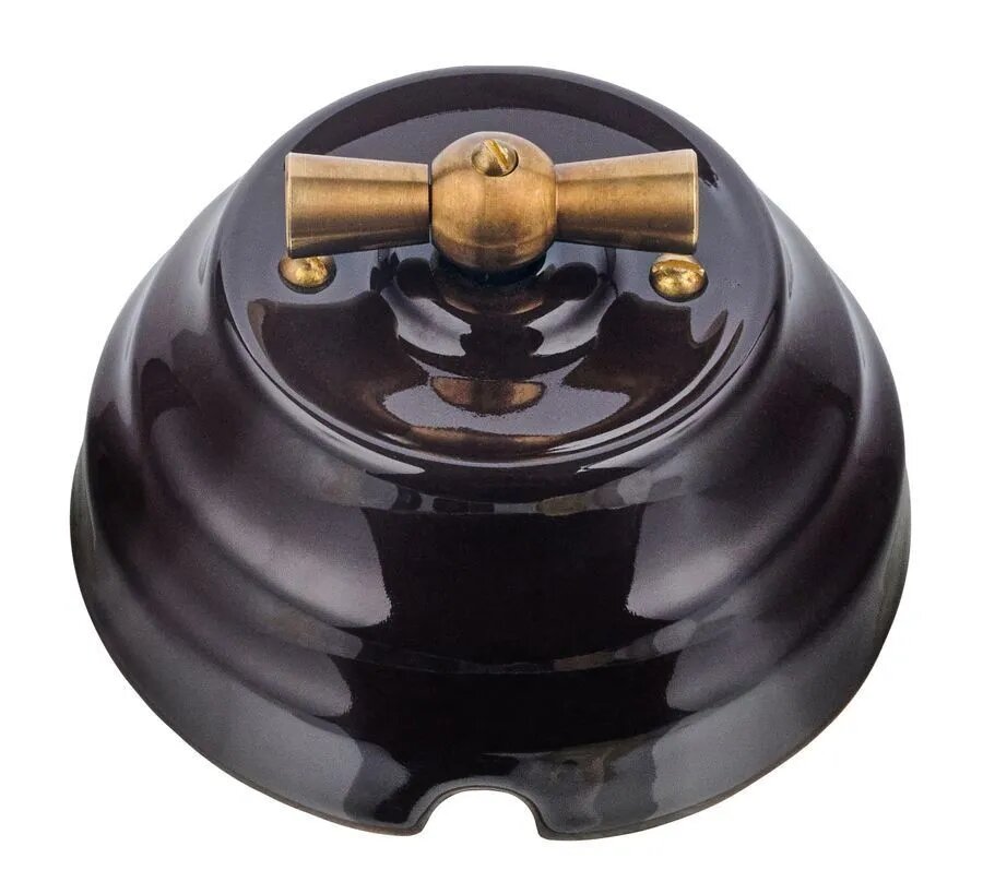 Ретро выключатель поворотный, керамика, шоколад/латунь, одно-двухклавишный, серия Астория