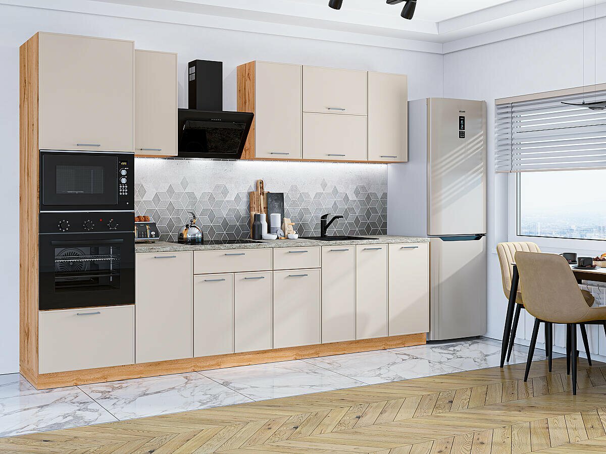 Кухня Квадро-01, цвет фасада Кашемир, цвет каркаса Дуб Вотан, 2140*3000*600 мм