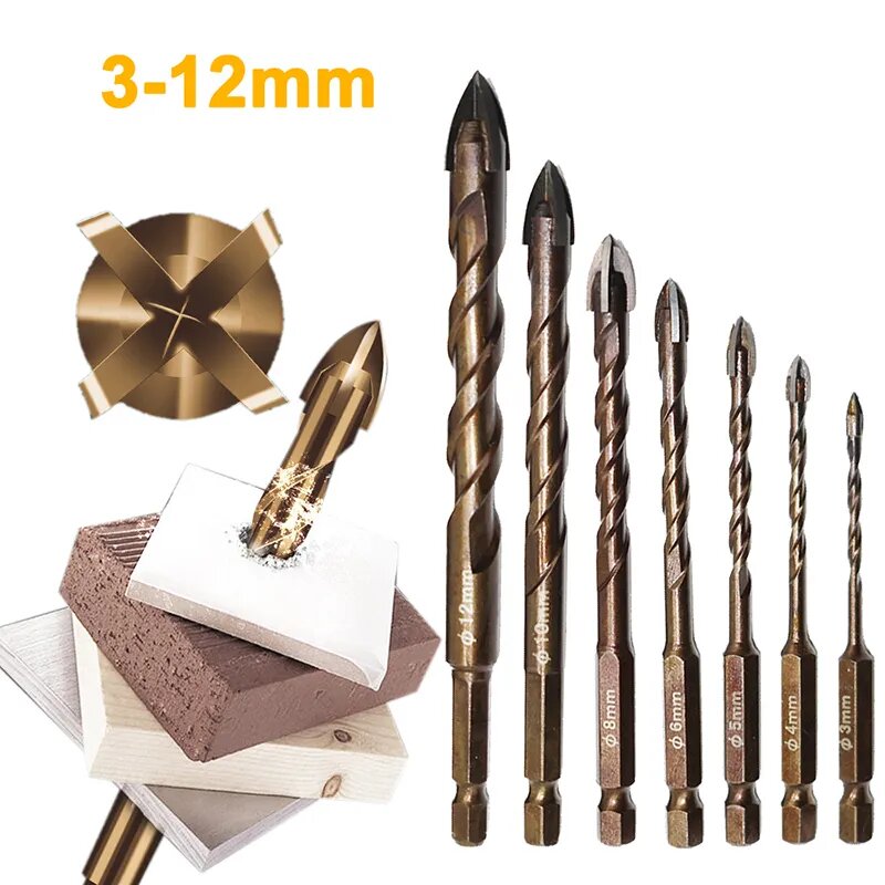 3-12 мм крестовые шестигранные биты для плитки из стекла, керамики, бетона, открывалка для отверстий, 1/4 дюйма,7 шт.