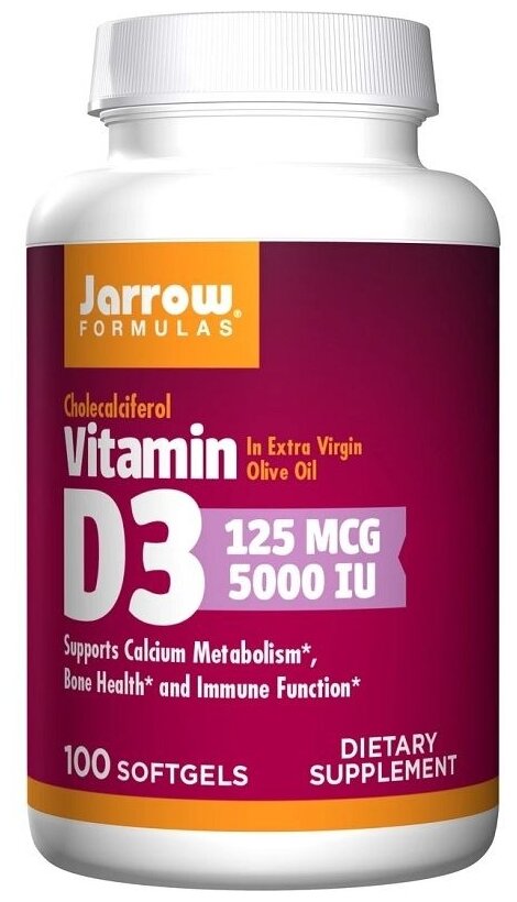Витамин D3 Jarrow Formulas, холекальциферол, 5000 ME, 100 капсул, США