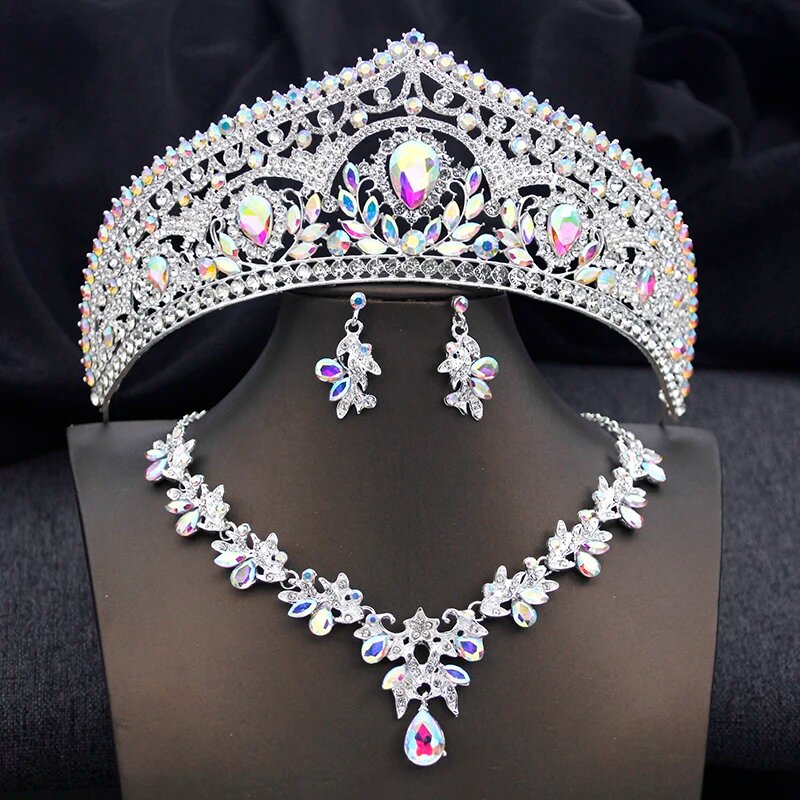 Корона Cenmon с кристаллами, Silver AB, комплект с серьгами