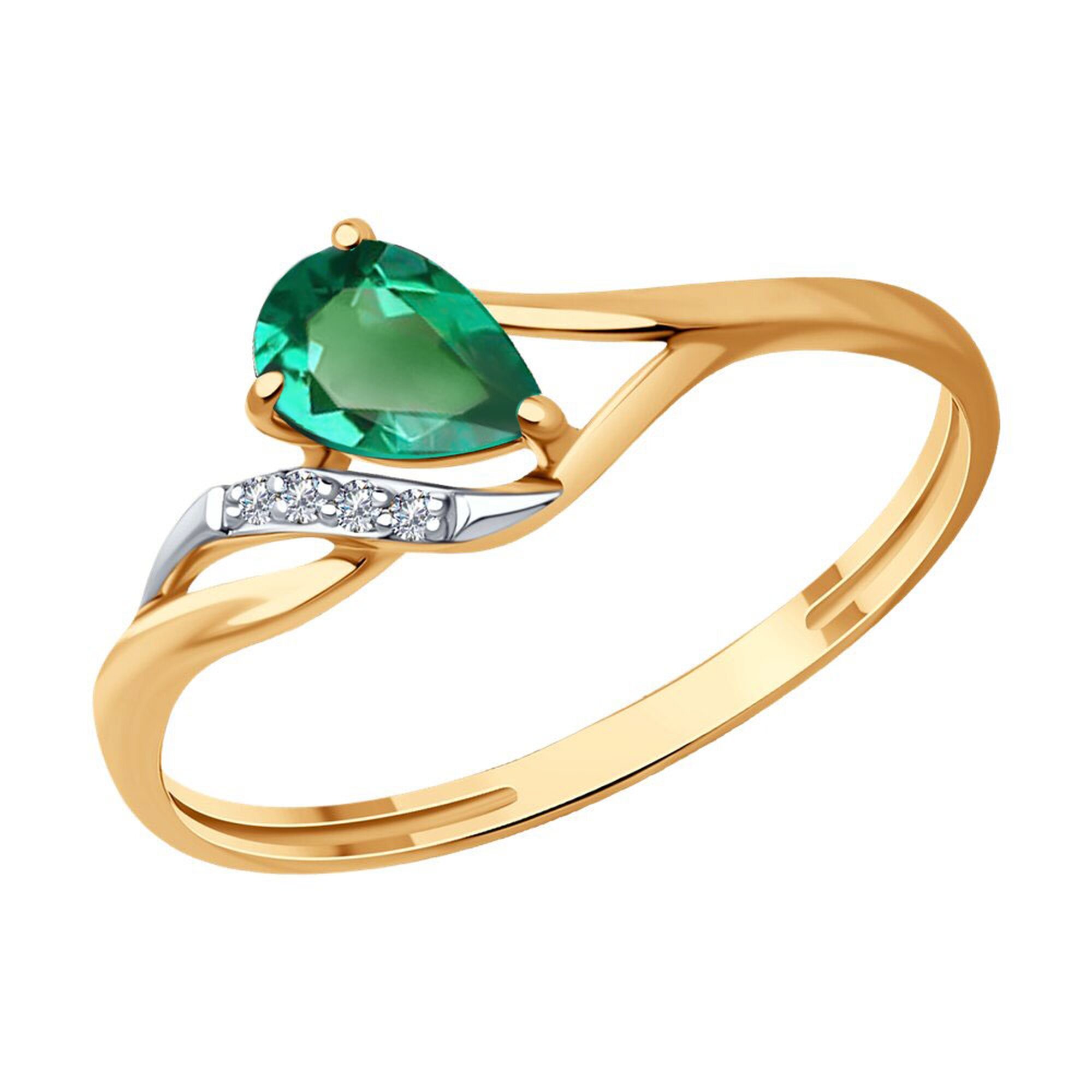 Кольцо, красное золото, 585 проба, изумруд синтетический, бриллиант