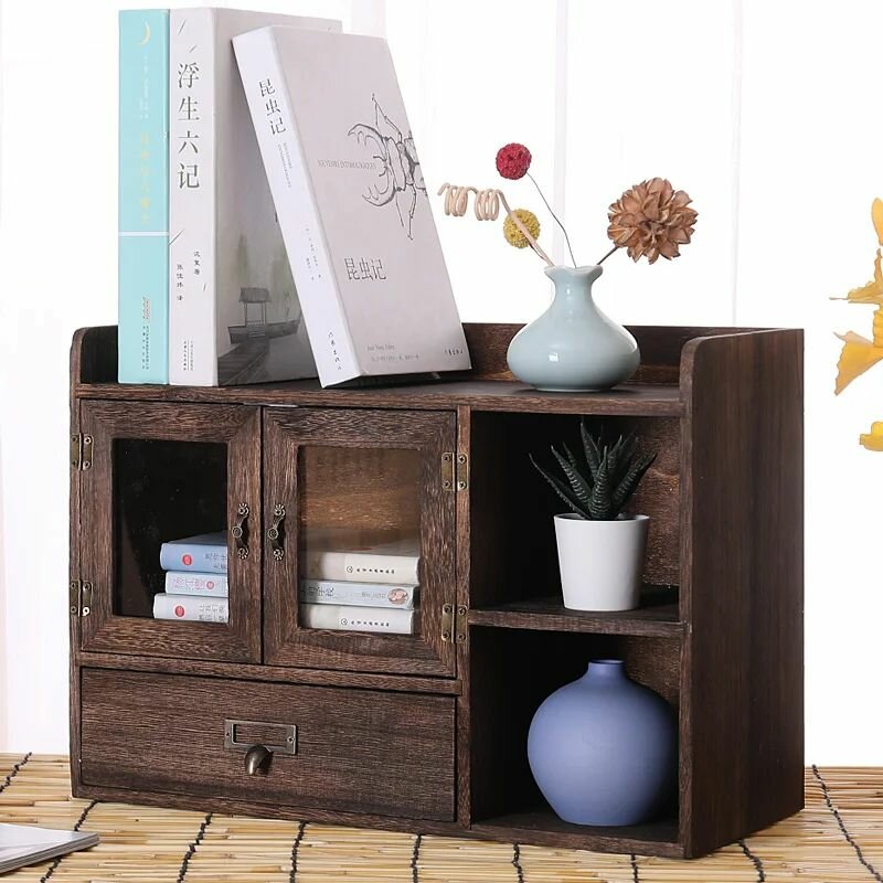 Тумба, Настольный Органайзер Из Массива Дерева С Ящиками И Стеклянными Дверцами Для Офиса, Хранения Посуды, Косметики