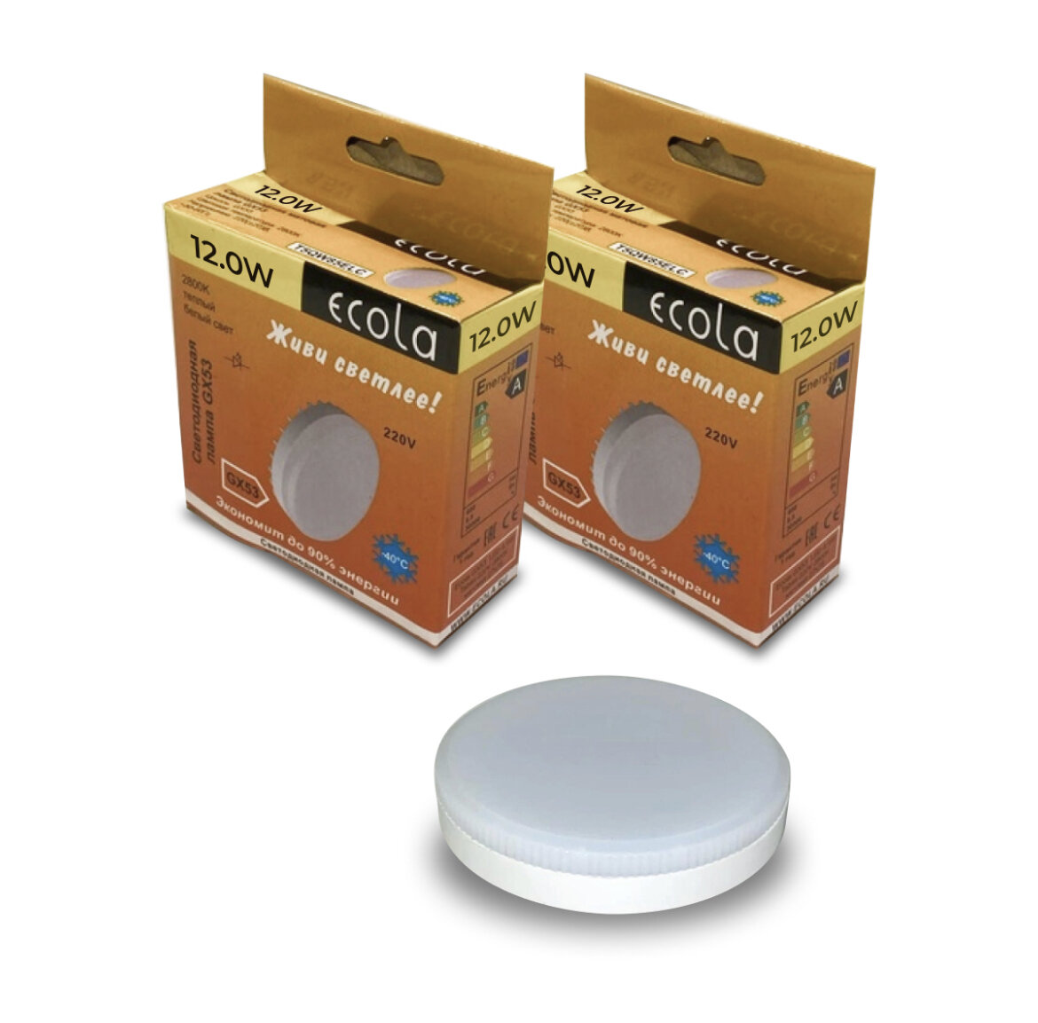 Светодиодная лампа GX53, 12W Ecola LED Tablet 2800K (Желтый свет) 27x75 мм, матовое стекло / лампочка для потолочных светильников - 2 шт