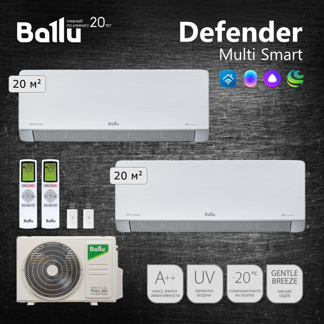 Мульти сплит система Ballu Defender BSFI-FM-07+07HN8/BA2OI-FM-14HN8 c Wi-Fi на 5кВт, на 2 комнаты 20 и 20 м2, А++, белый