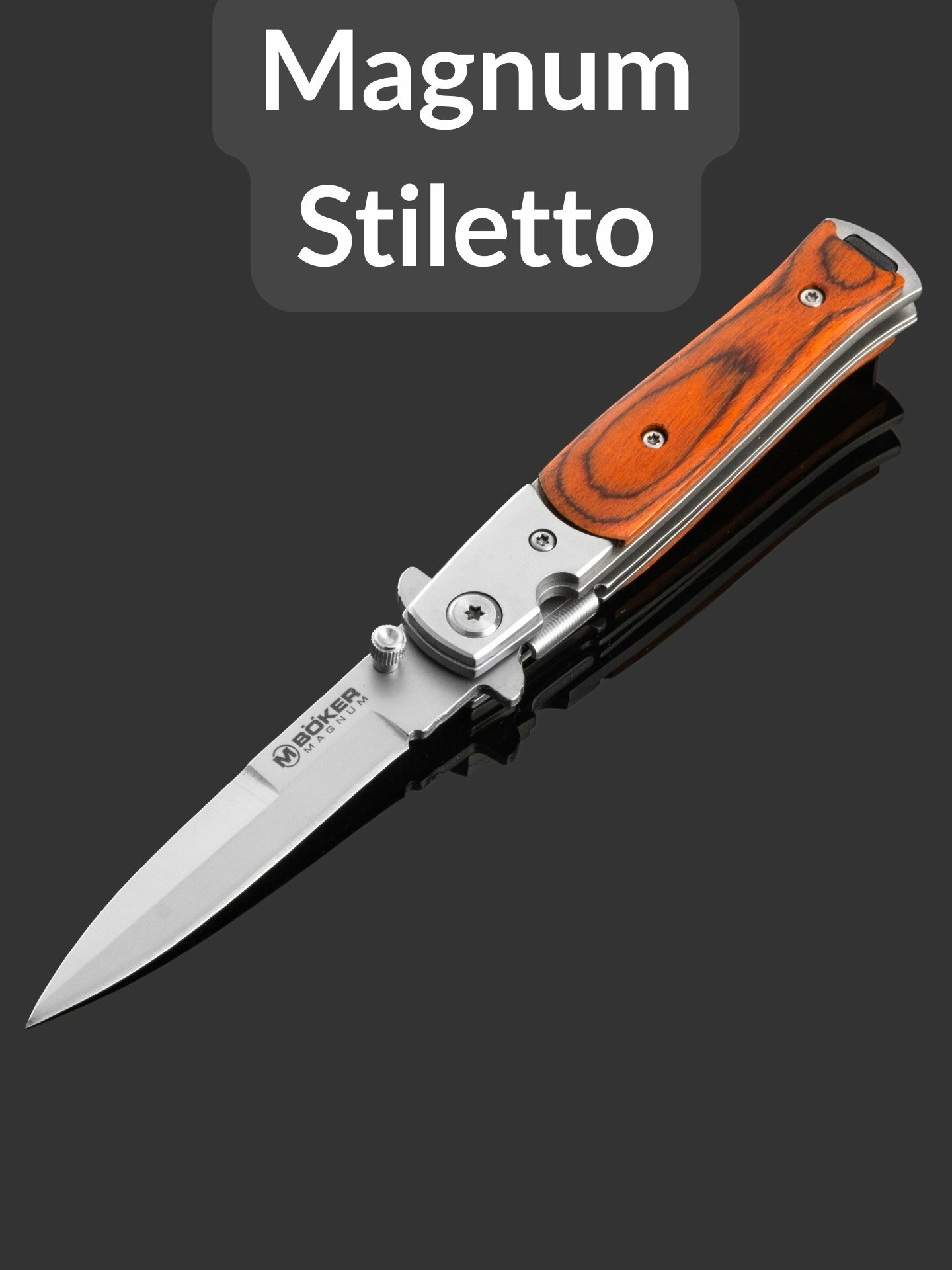 Складной нож Boker Magnum Stiletto BOM01YA101, сталь 440, рукоять сталь/дерево