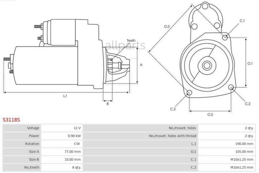 AS S3118S Стартер Hyundai Elantra 00-09 / Sonata 93-98 (0,9 kW/ Z=8/ VALEO)