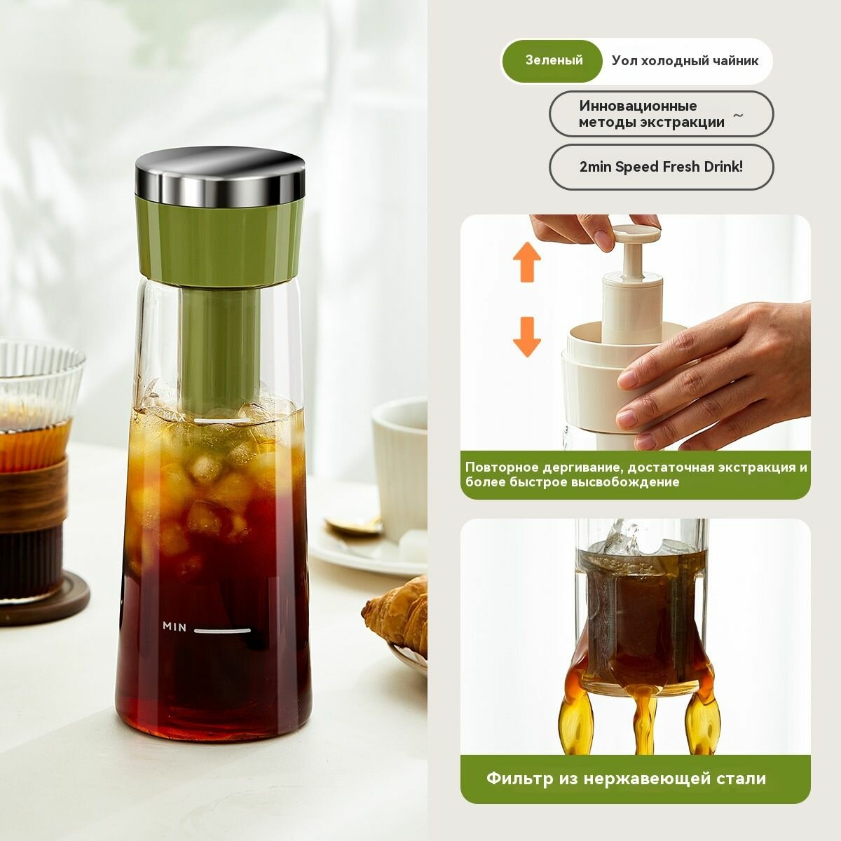 Кофейник для холодного заваривания 750 мл: кофейник быстрого отжима из термостойкого стекла большой емкости