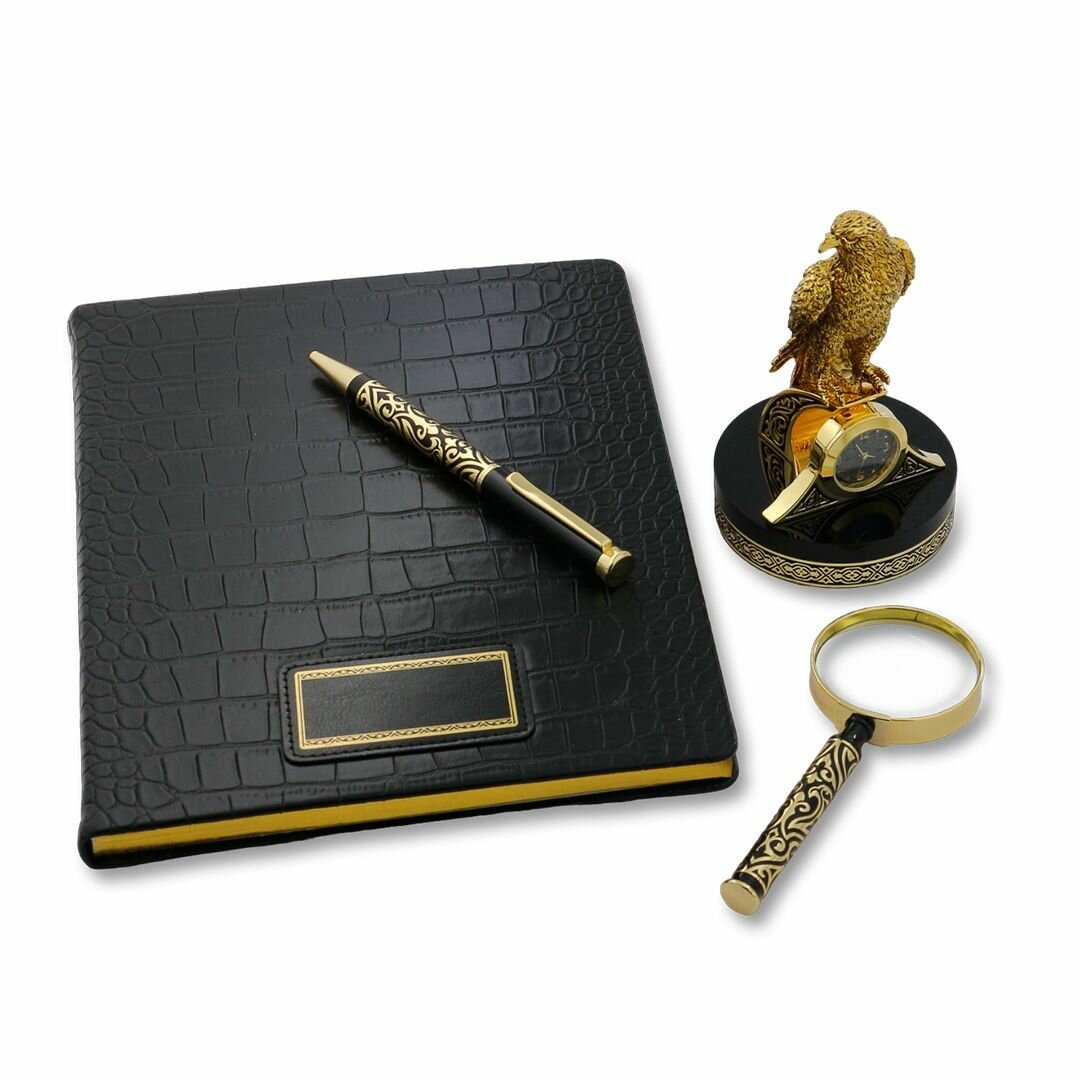 Подарочный канцелярский набор бизнес аксессуаров ежедневник, ручка, лупа, настольные часы Сокол -lj