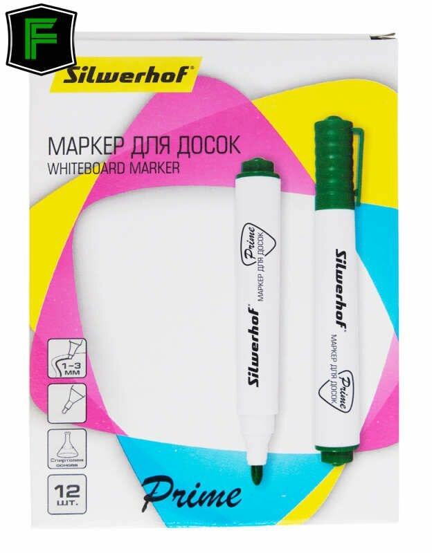 Маркер для досок Silwerhof Prime пулевидный наконечник 1-3мм зеленый коробка, 12 шт.