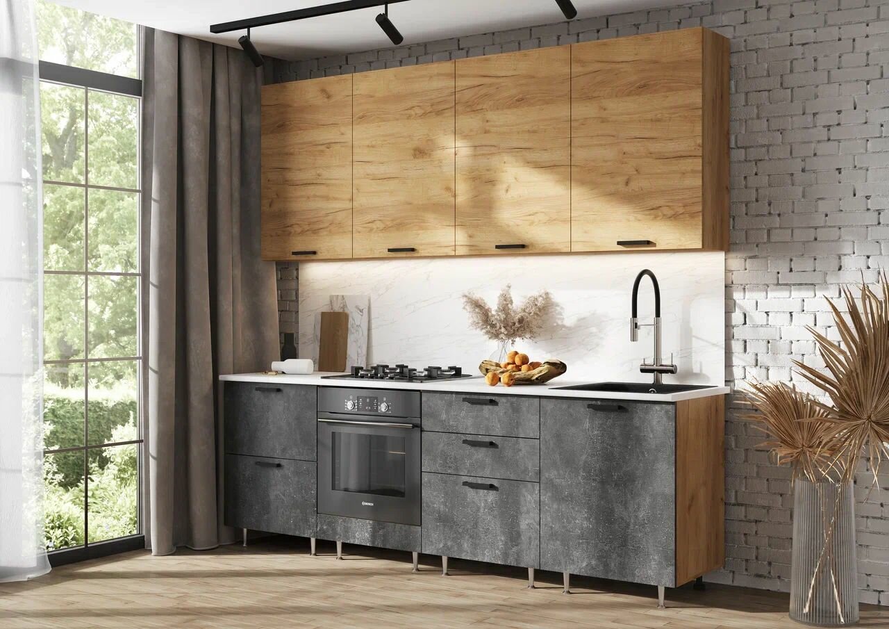 Кухня Рио NEW 2,4 м. Компоновка №2 Дуб Крафт/Бетон темный, Дуб крафт