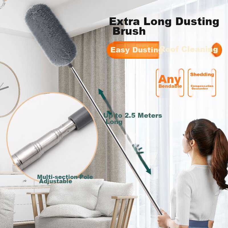 Sulida Extendable Long Feather Duster, Household Static Dust Removal Duster, Large Cleaning Tool for Ceiling Dusting, 2.5 Meters